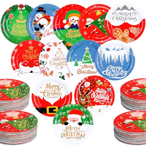 Sliner 120 Pcs 9 Inch Christmas Paper Plates Round Christmas Dinner Plates Cute Snowman Santa Themed Disposable Plates Dinnerware Plates for Xmas Winter Season Holiday Party Baking Cookie Dishware