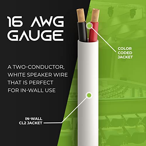 GearIT 16/2 Speaker Wire (50 Feet) 16AWG Gauge - in Wall Audio Speaker Wire Cable / CL2 Rated / 2 Conductors - OFC Oxygen-Free Copper, White 50ft