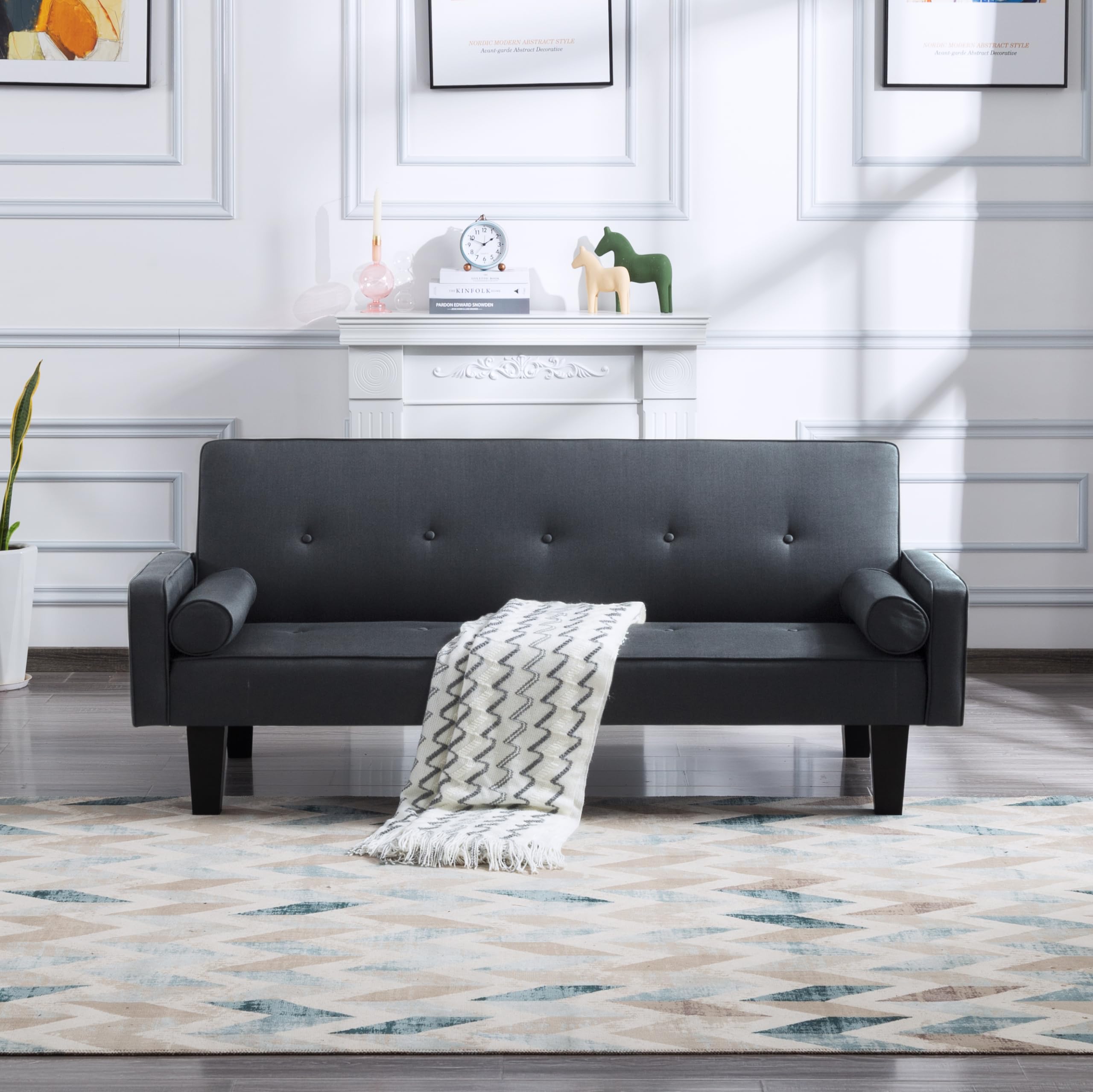 BSHTI Convertible Loveseat Sofa Bed w/Adjusting Backrest,Futon Sleeper Couch with 2 Long Pillows, Removable Square Armrest, for Apartment, Office, Compact Living Room,Dark Gray