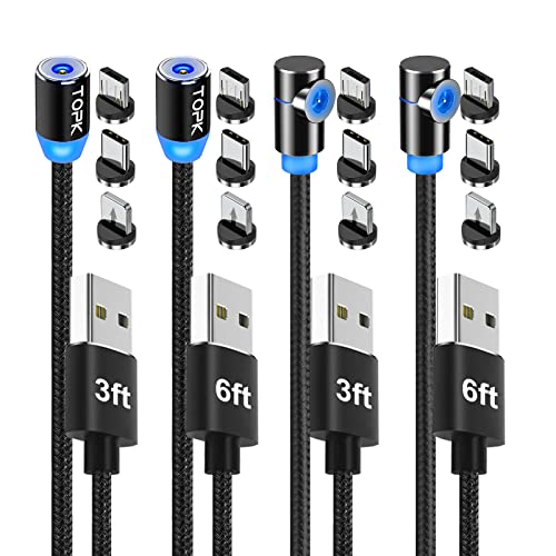 TOPK Magnetic Charging Cable 4-Pack [3ft/3ft/6ft/6ft] 3 in 1 Nylon Braided Magnetic Phone Charger, 360° Rotating Magnetic USB Cable Compatible with Micro USB, Type C, iProduct and Most Devices