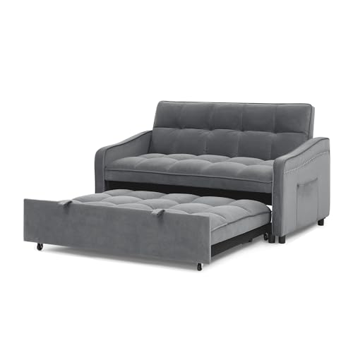 Upholstered Futon Loveseat Sofa Convertible to Sleeper Sofá Bed,Adjsutable Love Seat Chaise Lounge Couch Chair,Sofacama with Two Arm Pocket,Type C,USB Charging and Copper Nail for RV/Living Room