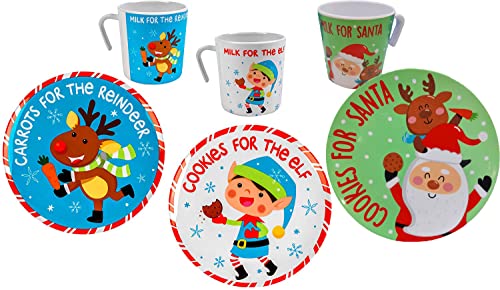Cookies For Santa Plate and Mug Set: Elf, Reindeer and Santa Designs Melamine Wares (6, Elf-Reindeer)