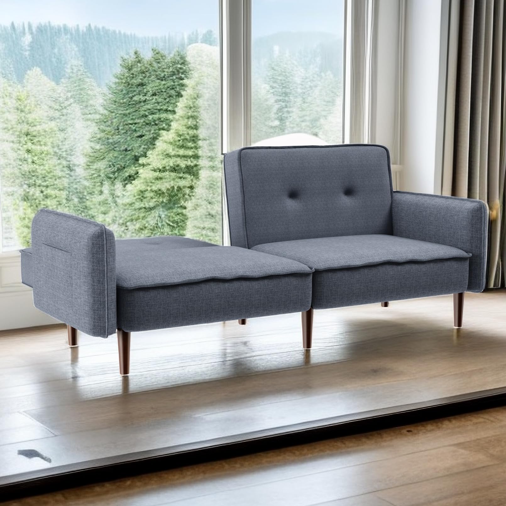 OTRIEK 75" Convertible Futon Sofa Bed with 2 Pillows and Storage Pockets, Modern Upholstered Couch Sleeper Sofa Folding Lounge for Living Room Small Space Apartment (Grey)