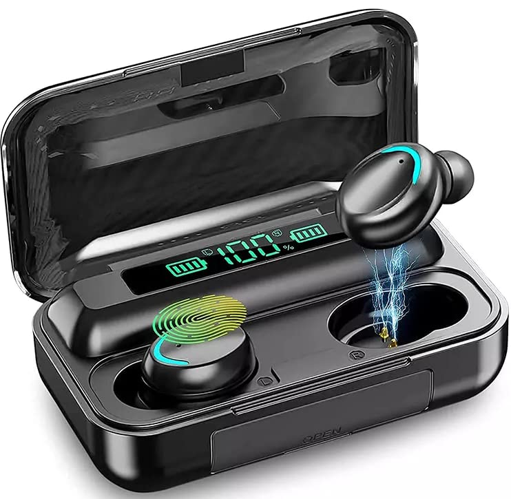 BAHASYA Wireless Bluetooth Earbuds with Digital Charging Case, Built-in Mic, Noise Cancelling, Waterproof, Deep Bass Earphones, in Ear Stereo Headphones for Sport, Gym, Gaming (Black)
