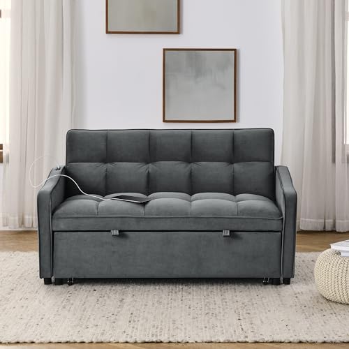 Upholstered Futon Loveseat Sofa Convertible to Sleeper Sofá Bed,Adjsutable Love Seat Chaise Lounge Couch Chair,Sofacama with Two Arm Pocket,Type C,USB Charging and Copper Nail for RV/Living Room