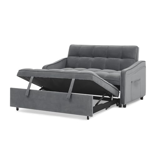 Upholstered Futon Loveseat Sofa Convertible to Sleeper Sofá Bed,Adjsutable Love Seat Chaise Lounge Couch Chair,Sofacama with Two Arm Pocket,Type C,USB Charging and Copper Nail for RV/Living Room