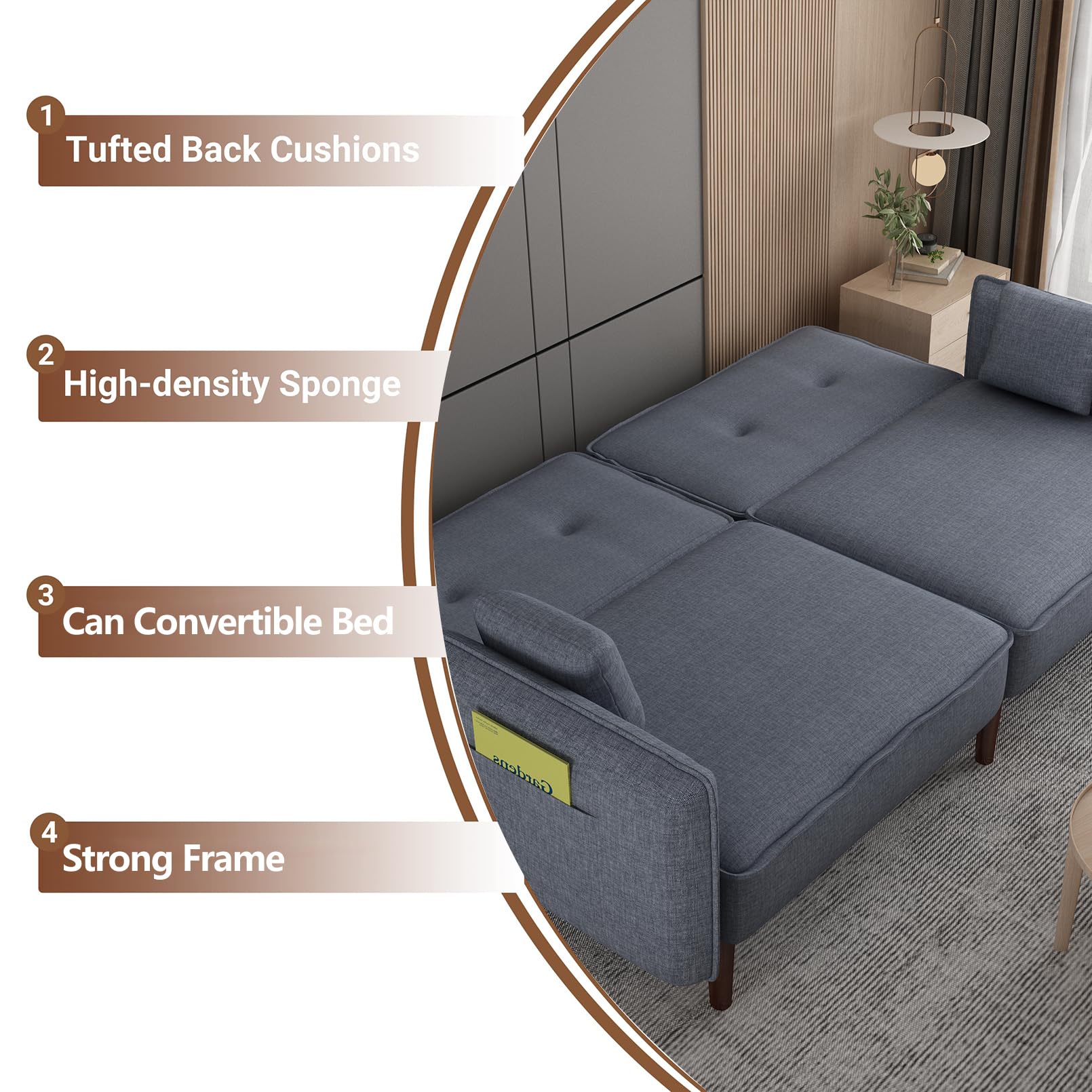 OTRIEK 75" Convertible Futon Sofa Bed with 2 Pillows and Storage Pockets, Modern Upholstered Couch Sleeper Sofa Folding Lounge for Living Room Small Space Apartment (Grey)