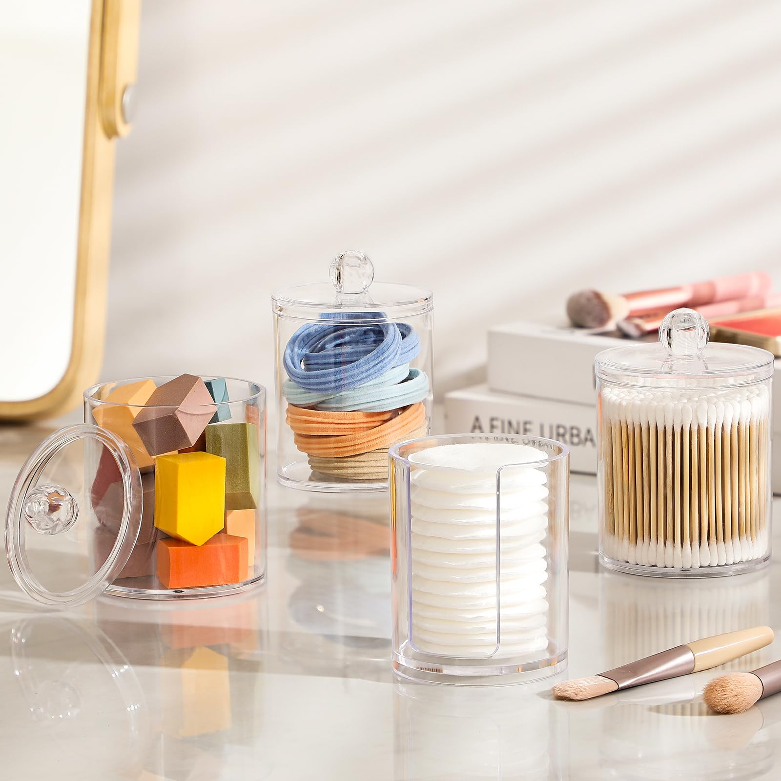 AOZITA 4 Pcs, 10 OZ Qtip Holder Dispenser for Cotton Ball, Cotton Swab, Cotton Round Pads, Floss - Clear Plastic Apothecary Jar Set for Bathroom Canister Storage Organization, Vanity Makeup Organizer
