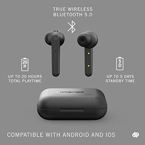 Urbanista Paris True Wireless Earphones 20H Playtime Wireless Charging Case and Bluetooth 5.0, Noise Cancelling Earphones with Touch Controls + Built-in Mic, Compatible with Android and iOS β Black