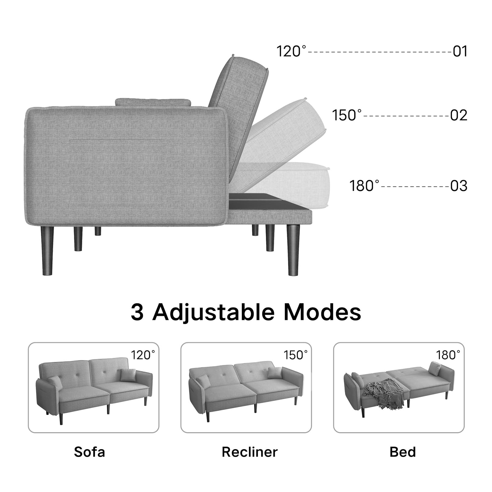 OTRIEK 75" Convertible Futon Sofa Bed with 2 Pillows and Storage Pockets, Modern Upholstered Couch Sleeper Sofa Folding Lounge for Living Room Small Space Apartment (Grey)