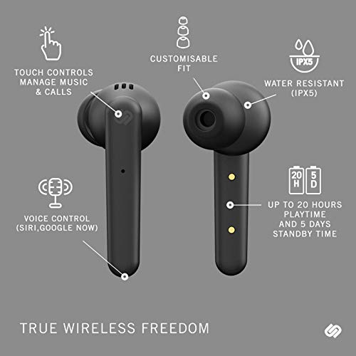Urbanista Paris True Wireless Earphones 20H Playtime Wireless Charging Case and Bluetooth 5.0, Noise Cancelling Earphones with Touch Controls + Built-in Mic, Compatible with Android and iOS β Black