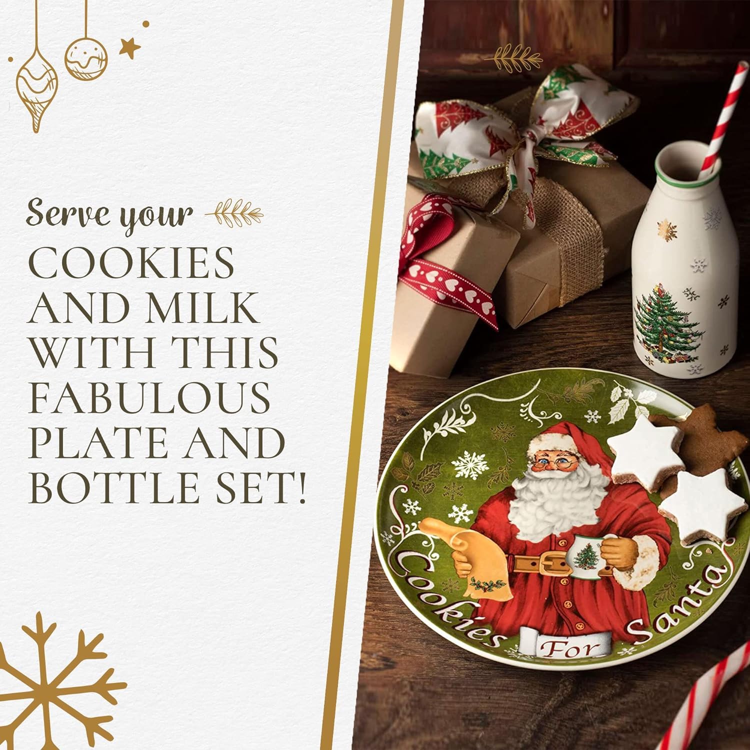 Spode Christmas Tree Plate and Bottle Set (2-Piece) - 8.5" Porcelain Cookies for Santa Plate & 10 Oz Holiday-Themed Jug, Dishwasher Safe Festive Collectible Seasonal Gift Set