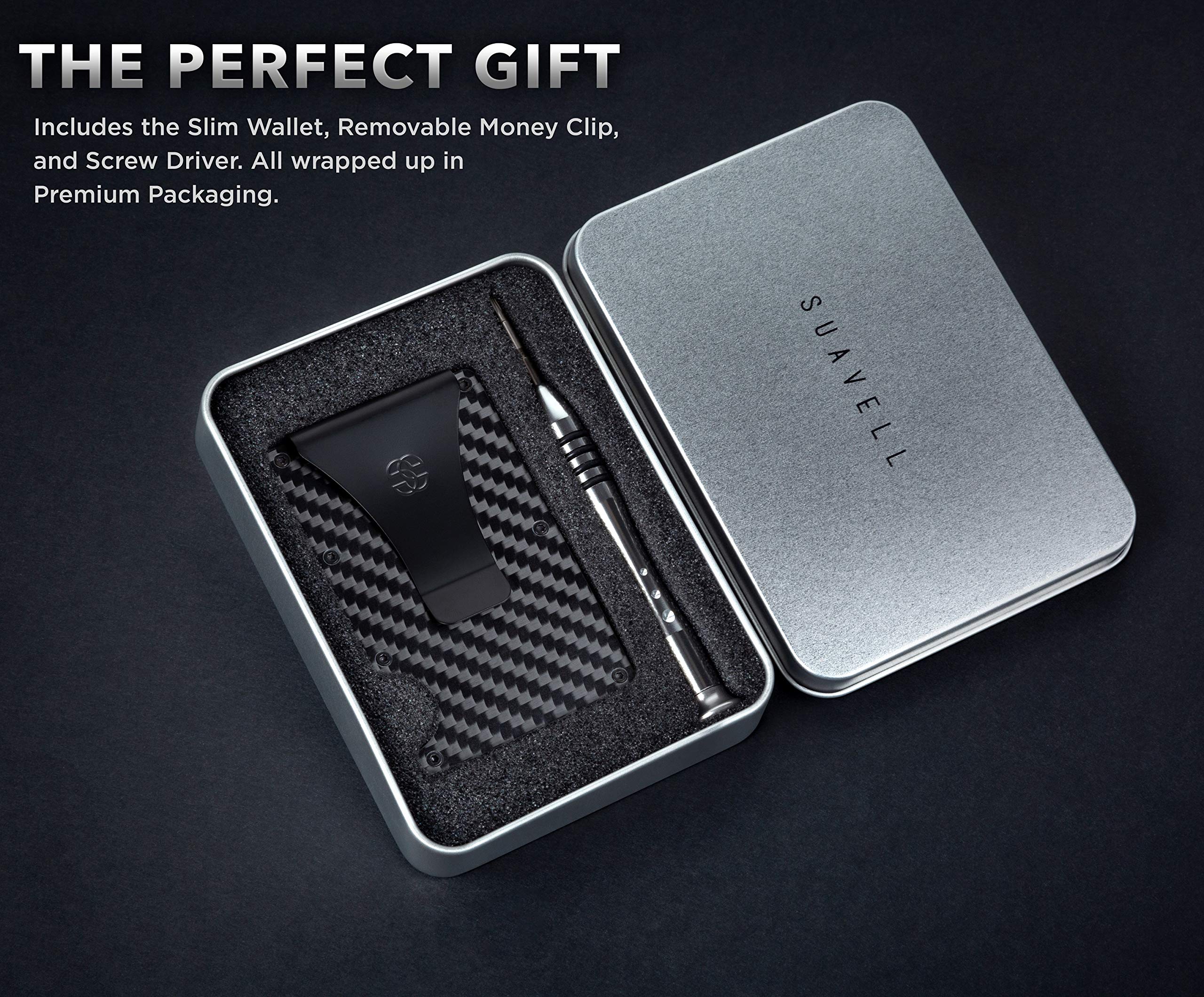 Suavell Slim Metal Wallet for Men - Minimalist Tactical Wallet - RFID Blocking Card Holder w Money Clip - Thin, Smart Wallet - Front Pocket Wallet - Aluminum Credit Card Holder (Black Element 2.0)