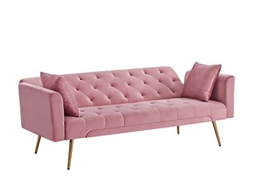 ERYE Futon Sofa Loveseat Convertible Sleeper Couch Bed for Small Space Apartment Office Living Room Furniture Sets Sofabed, Light Pink Velvet 71" W with Pillows