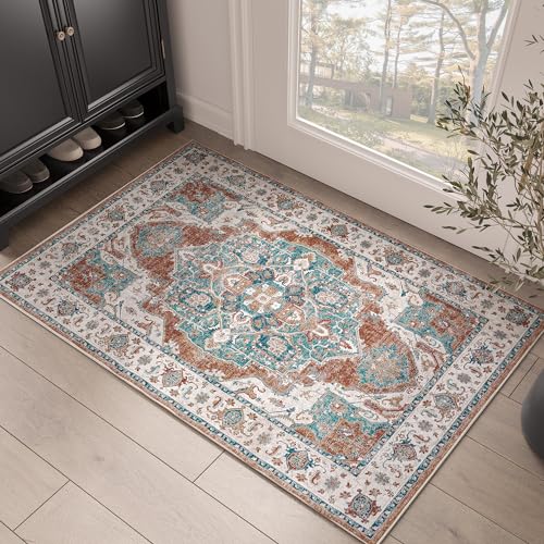 jinchan Area Rug 2x3 Washable Entryway Rug Vintage Kitchen Floor Cover Traditional Thin Rusty Red Multi Distressed Floral Doormat Indoor Mat for Bathroom Bedroom Living Room