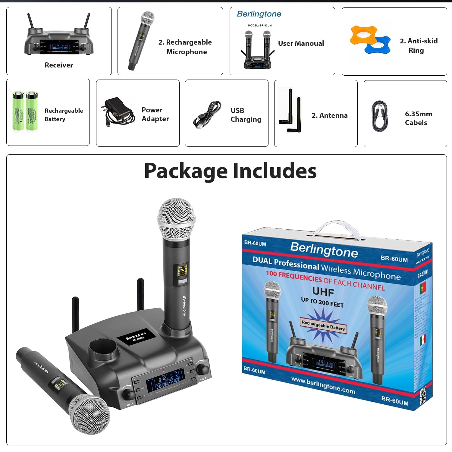 Berlingtone, Professional Dual Dynamic Handheld UHF Wireless Microphone System, Magnetic Wireless Charging, 2x100 Adjustable Frequency Channels for Karaoke, Meeting, Church, up 200ft Range (BR-60UM)