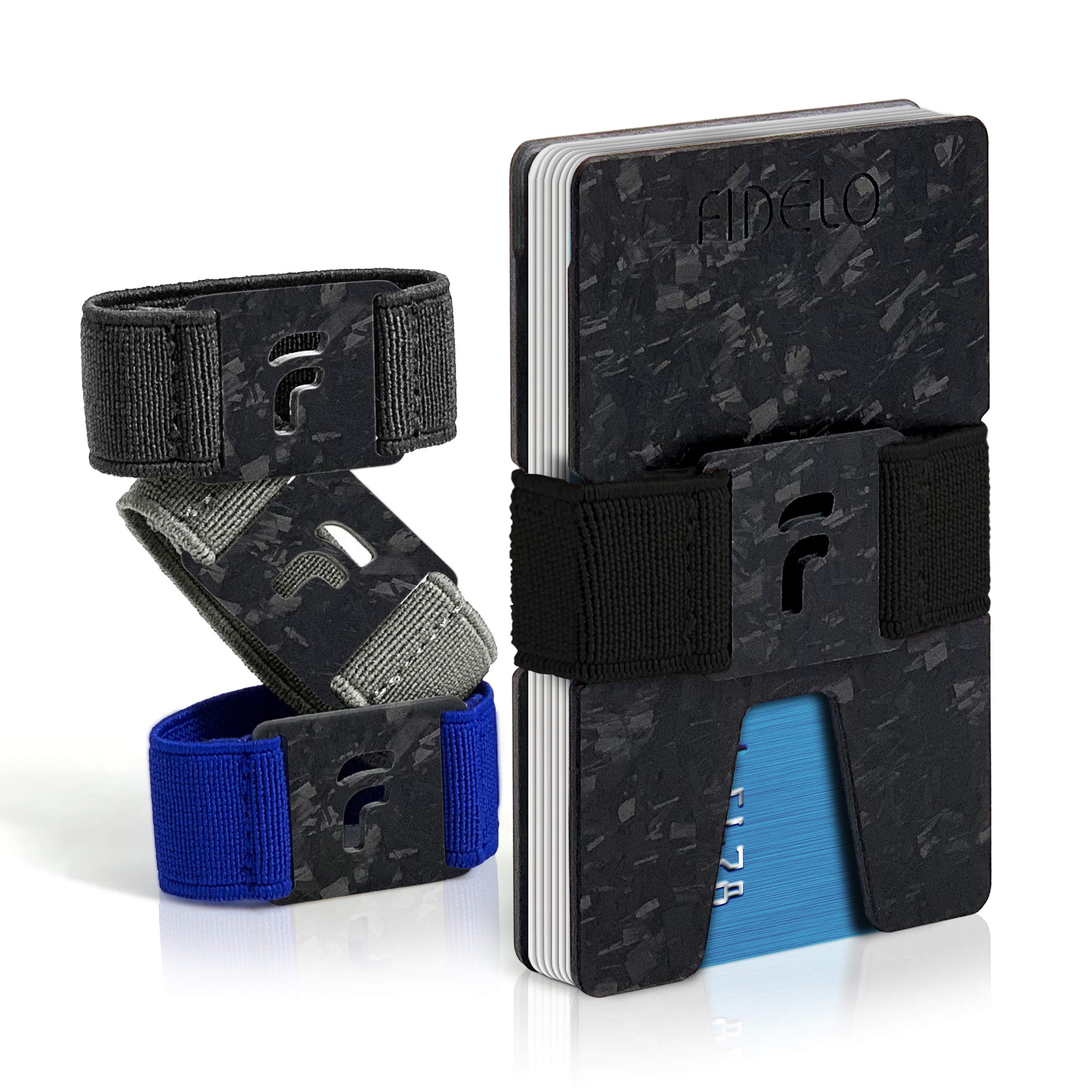 Fidelo Minimalist Wallet For Men - Slim RFID Blocking Mens Wallets Credit Card Holder. 3K Carbon Fiber. Compact Wallet Comes With 4 Cash Bands (Black, Dark Grey, Light Grey & Blue) - Prestige Forged