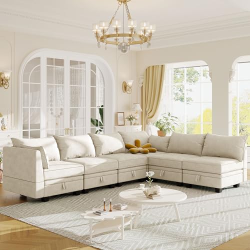 WILLIAMSPACE 115" Sectional Sofa Couch with Storage for Living Room, Modern Corner L-Shaped Sofa 6 Seater Couch, Modular Convertible Sofa Bed with Reversible Chaise for Home Office (Beige)