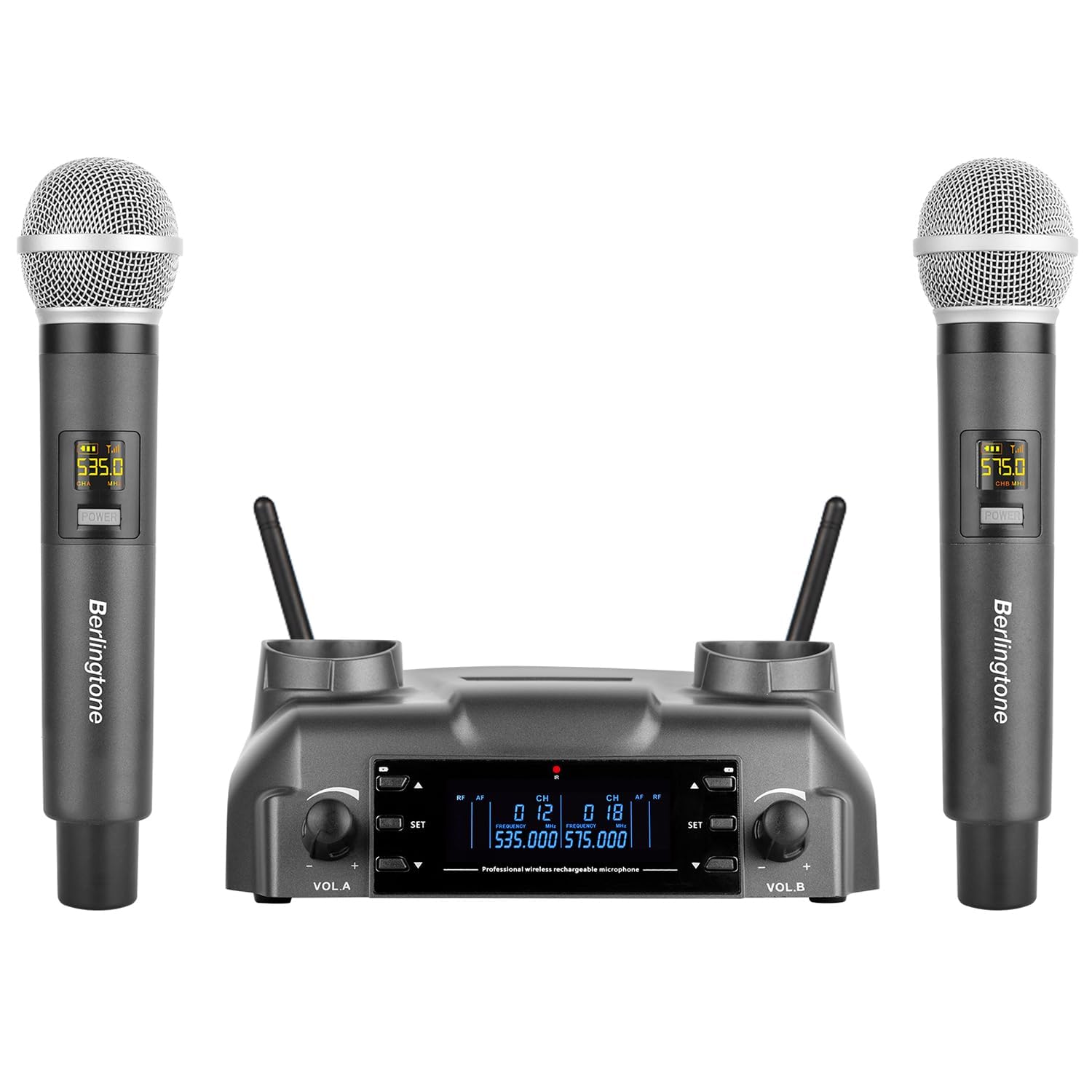 Berlingtone, Professional Dual Dynamic Handheld UHF Wireless Microphone System, Magnetic Wireless Charging, 2x100 Adjustable Frequency Channels for Karaoke, Meeting, Church, up 200ft Range (BR-60UM)