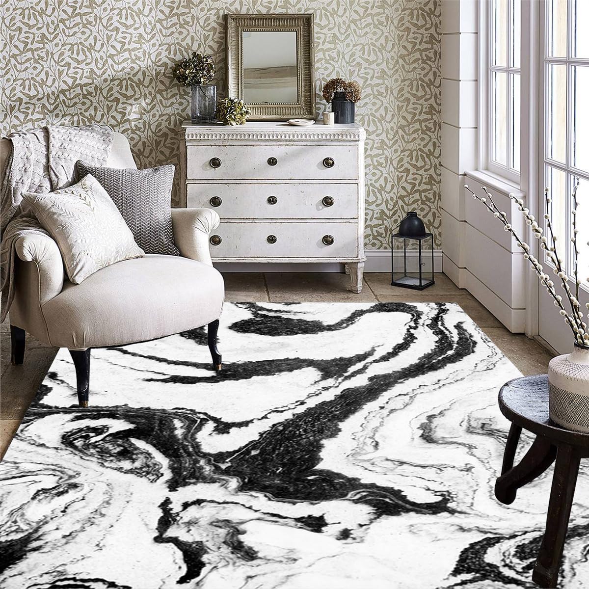 MeganJDesigns Francesca Collection Black and White 2x3 Marble Abstract Area Rug