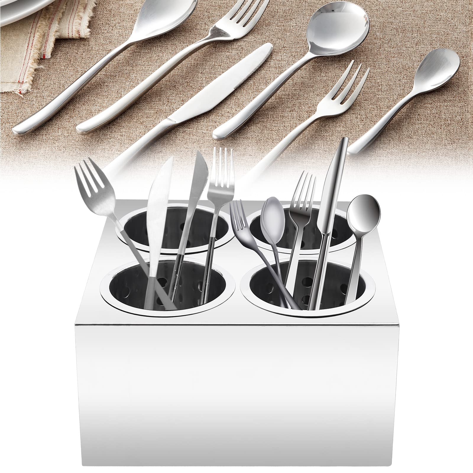 BJTDLLX Commercial 4-Hole Flatware Cylinder Holder with Cups, 4-Compartment Stainless Steel Cylinder Flatware Silverware Caddy Utensil Holder Organizer Canddy Countertop for Restaurant Kitchen