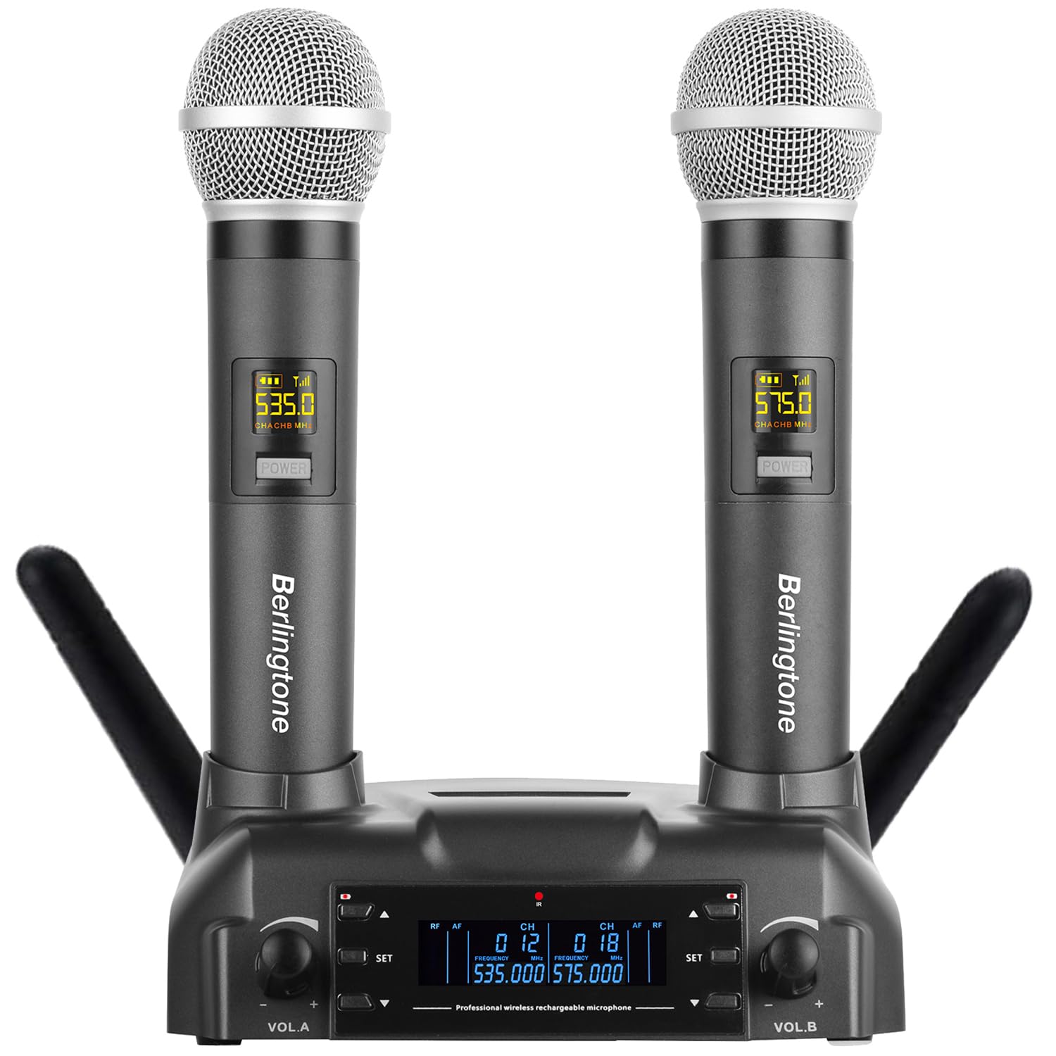 Berlingtone, Professional Dual Dynamic Handheld UHF Wireless Microphone System, Magnetic Wireless Charging, 2x100 Adjustable Frequency Channels for Karaoke, Meeting, Church, up 200ft Range (BR-60UM)