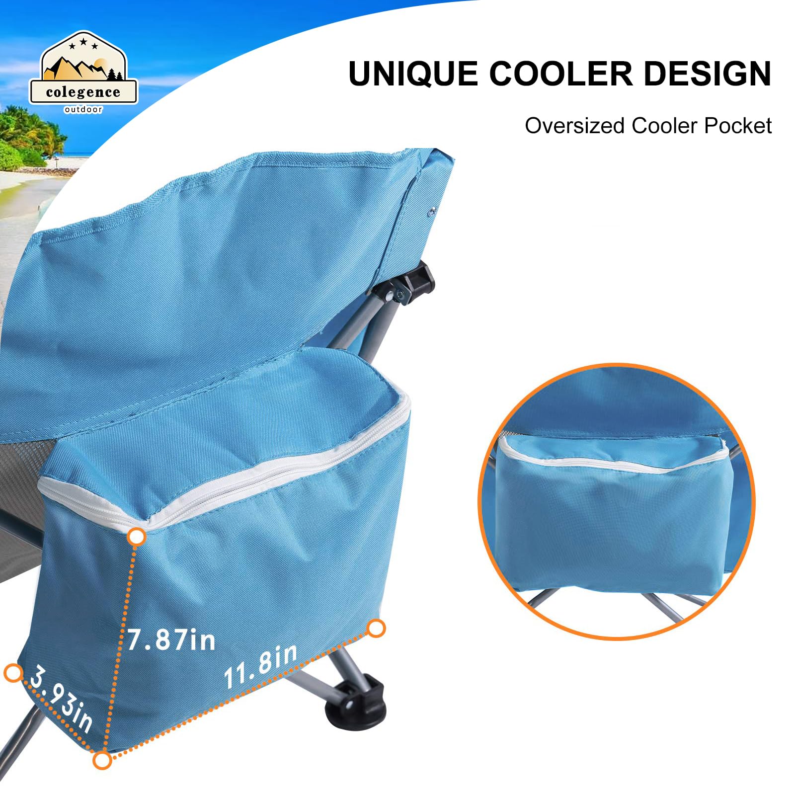 Colegence Low Back Camping Chair 2 Pack Support 300 LBS Carry Bag Included,Low Profile Folding Outdoor Chair,Camp Beach Chairs Set,with Phone Bag,Cooler Pocket,Cup Holder for Kids(2 Pcs Blue)