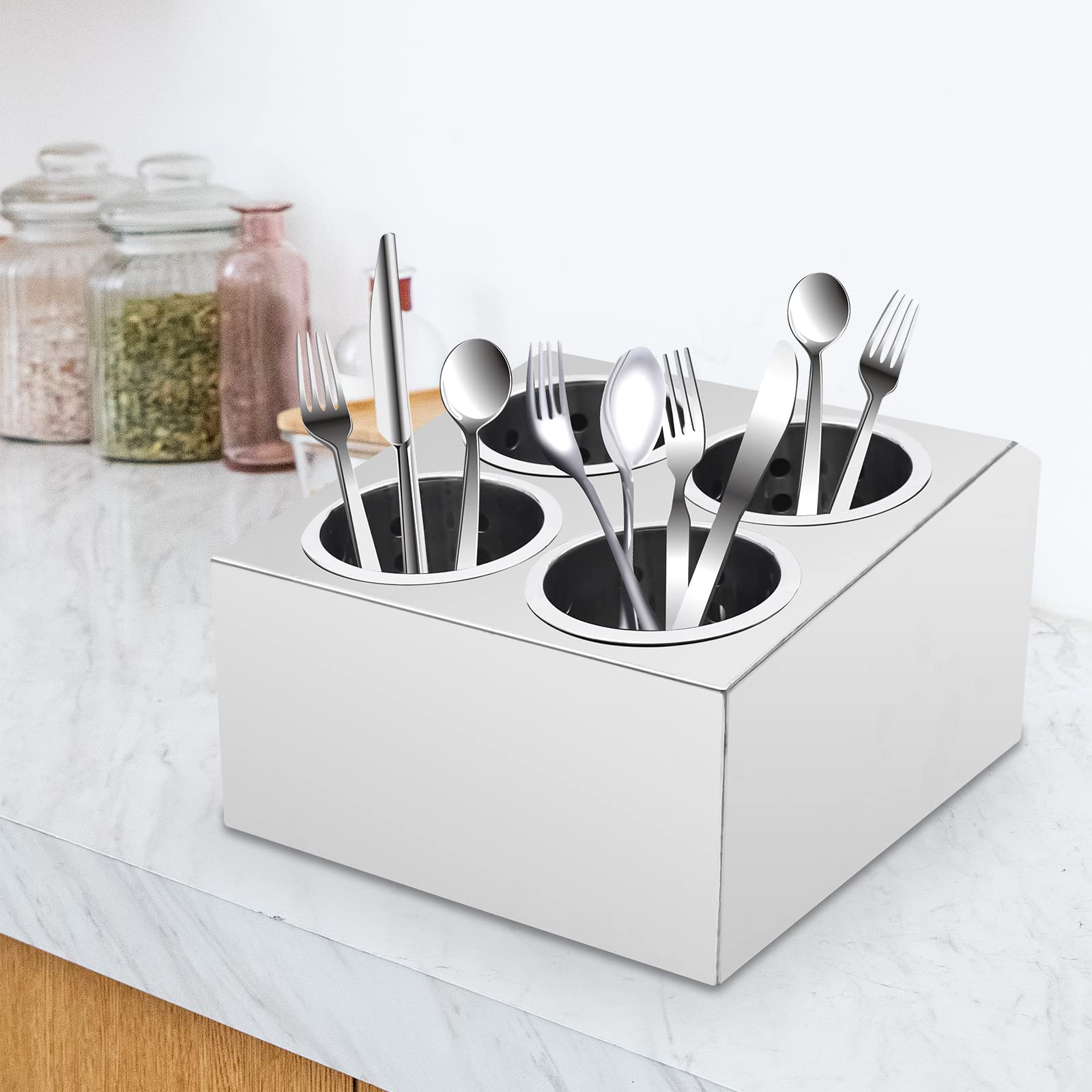 BJTDLLX Commercial 4-Hole Flatware Cylinder Holder with Cups, 4-Compartment Stainless Steel Cylinder Flatware Silverware Caddy Utensil Holder Organizer Canddy Countertop for Restaurant Kitchen