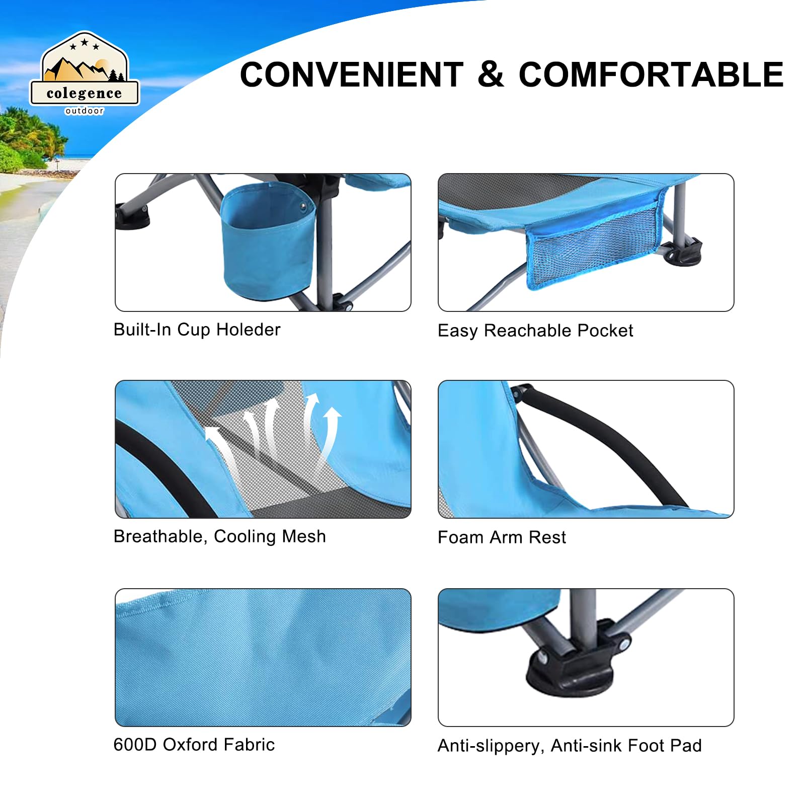 Colegence Low Back Camping Chair 2 Pack Support 300 LBS Carry Bag Included,Low Profile Folding Outdoor Chair,Camp Beach Chairs Set,with Phone Bag,Cooler Pocket,Cup Holder for Kids(2 Pcs Blue)