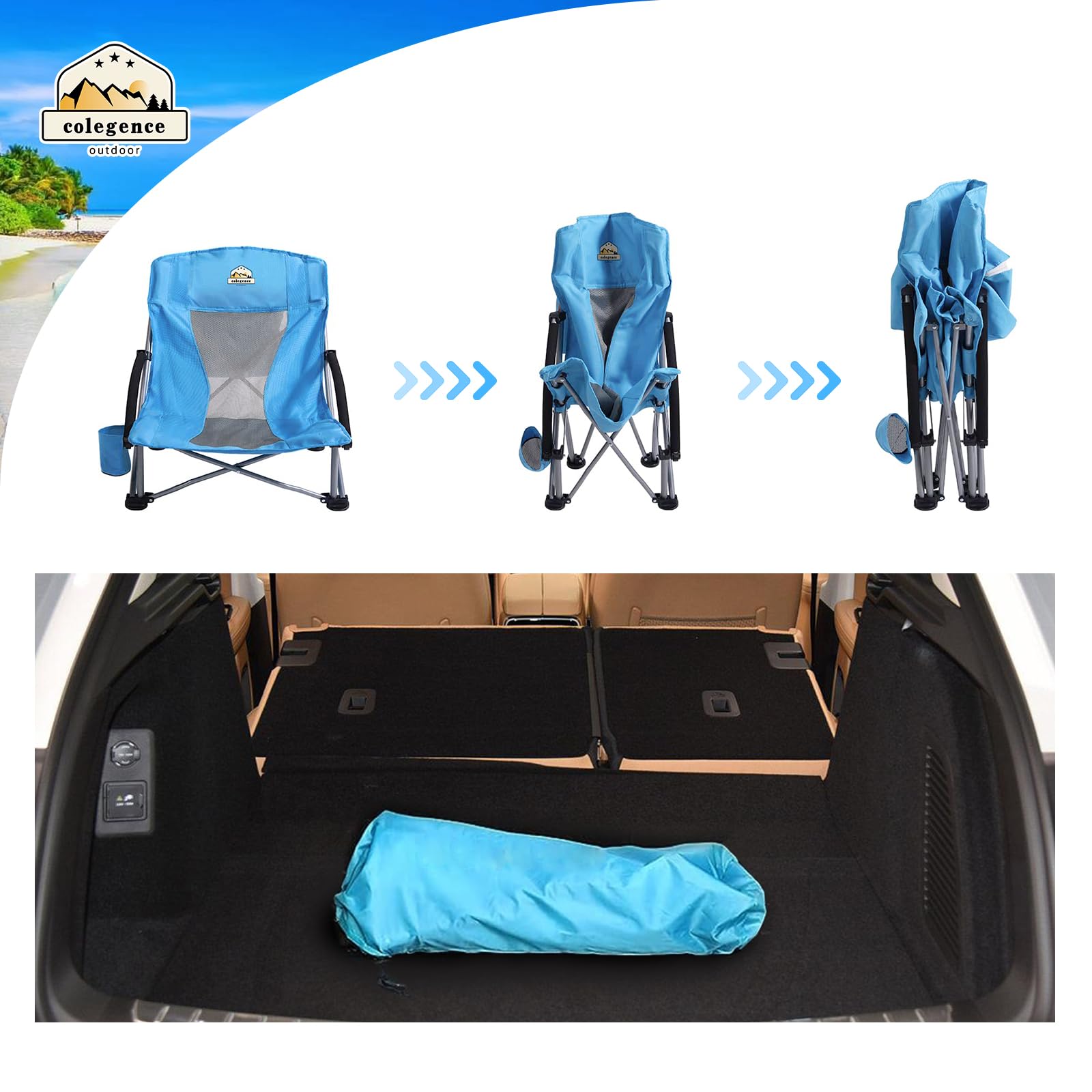 Colegence Low Back Camping Chair 2 Pack Support 300 LBS Carry Bag Included,Low Profile Folding Outdoor Chair,Camp Beach Chairs Set,with Phone Bag,Cooler Pocket,Cup Holder for Kids(2 Pcs Blue)