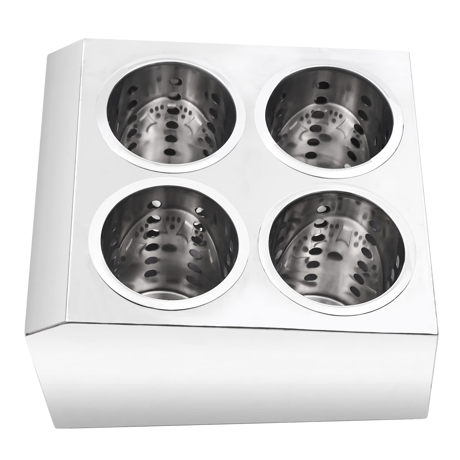 BJTDLLX Commercial 4-Hole Flatware Cylinder Holder with Cups, 4-Compartment Stainless Steel Cylinder Flatware Silverware Caddy Utensil Holder Organizer Canddy Countertop for Restaurant Kitchen