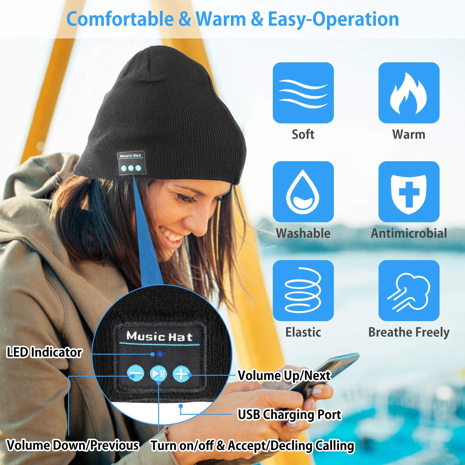 Unisex Wireless Beanie Hat with Exquisite Packaging Wireless Winter Knit Hats Cap(Black)