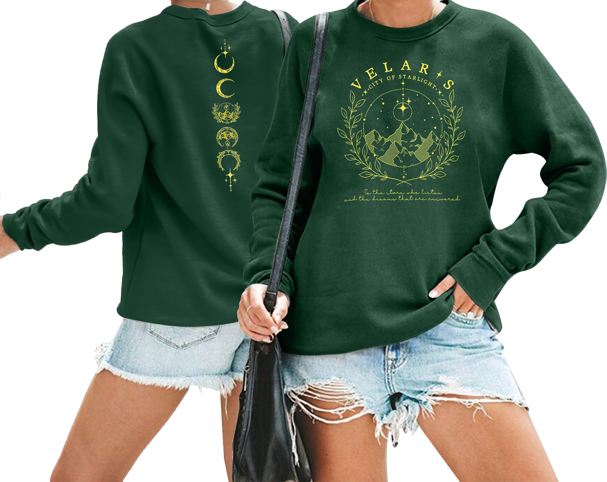 VILOVE Acotar Velaris Sweatshirt Women City Of Starlight Pullover Vintage Stars Graphic Shirt Causal Long Sleeve Hoodie Green
