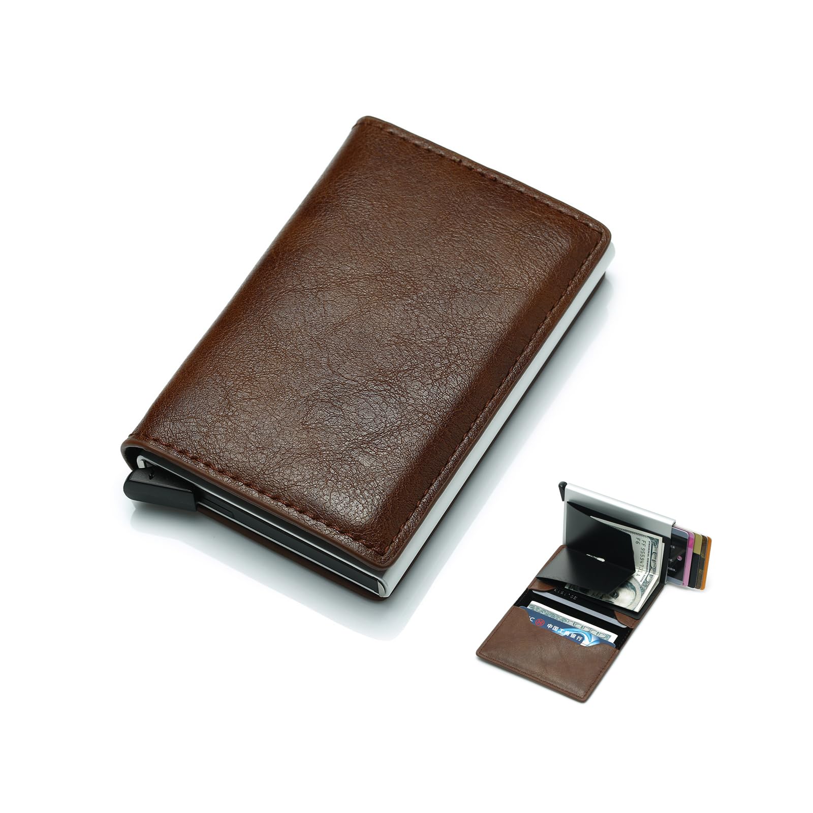 FESTAYA Slim Wallet for Men - Pop up Card Holder RFID Blocking Minimalist Business Credit Card Wallet with Money Pocket Metal Card Case for 7-10 Card Capacity (Brown)