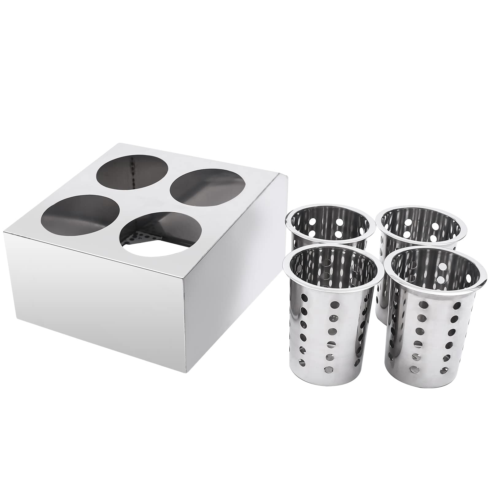 BJTDLLX Commercial 4-Hole Flatware Cylinder Holder with Cups, 4-Compartment Stainless Steel Cylinder Flatware Silverware Caddy Utensil Holder Organizer Canddy Countertop for Restaurant Kitchen