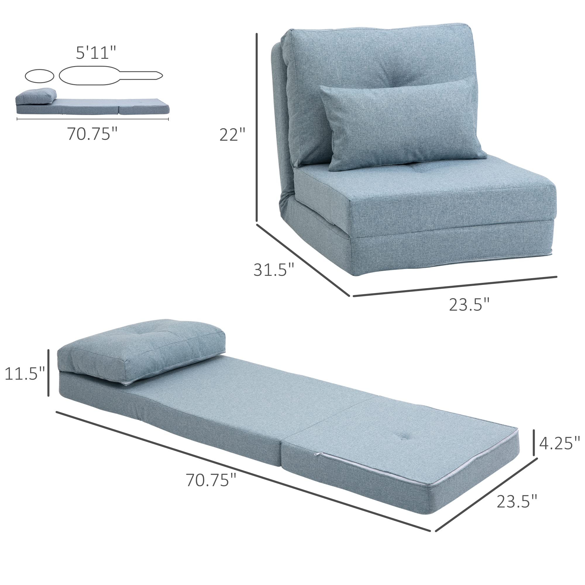 HOMCOM Convertible Flip Chair, Floor Lazy Sofa, Folding Upholstered Couch Bed with Adjustable Backrest, Metal Frame and Pillows for Living Room Bedroom, Blue