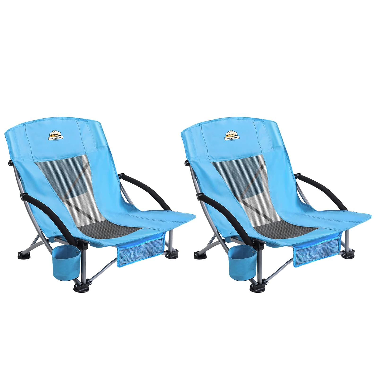 Colegence Low Back Camping Chair 2 Pack Support 300 LBS Carry Bag Included,Low Profile Folding Outdoor Chair,Camp Beach Chairs Set,with Phone Bag,Cooler Pocket,Cup Holder for Kids(2 Pcs Blue)