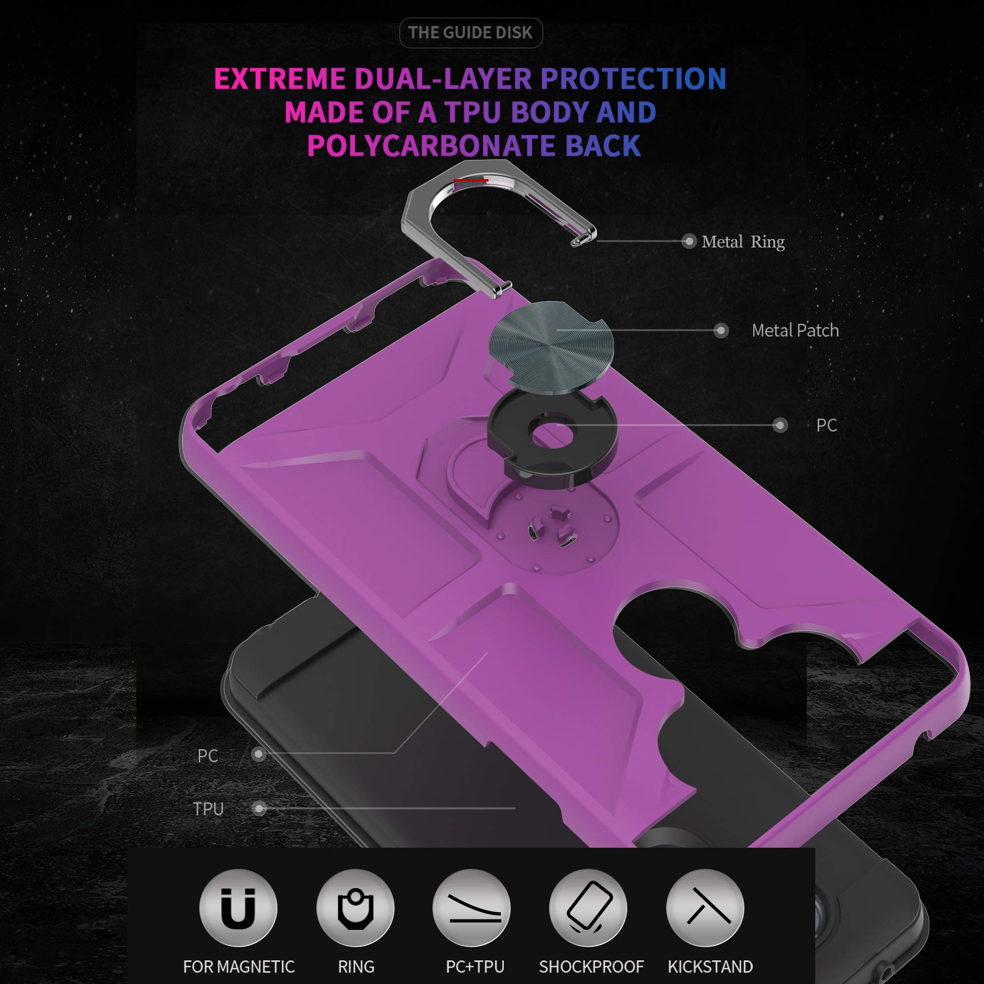 YmhxcY Compatible for LG V20/VS995/H990/LS997/H910 Case with HD Screen Protector,360 Degree Rotating Ring Kickstand Holder Dual Layers of Shockproof Phone Case for LG V20-ZS Purple