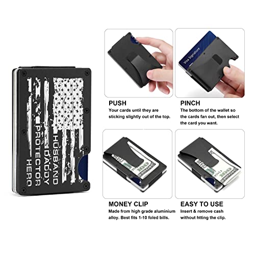 Minimalist Wallet for Men - Engraved American Flag Husband Daddy Protector Hero - Front Pocket Card Holder - RFID Blocking Metal Wallet - Aluminum Slim Money Clip - Tactical Wallet for Business Travel