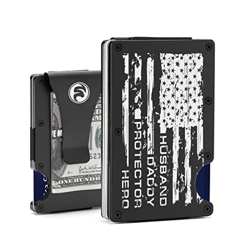 Minimalist Wallet for Men - Engraved American Flag Husband Daddy Protector Hero - Front Pocket Card Holder - RFID Blocking Metal Wallet - Aluminum Slim Money Clip - Tactical Wallet for Business Travel