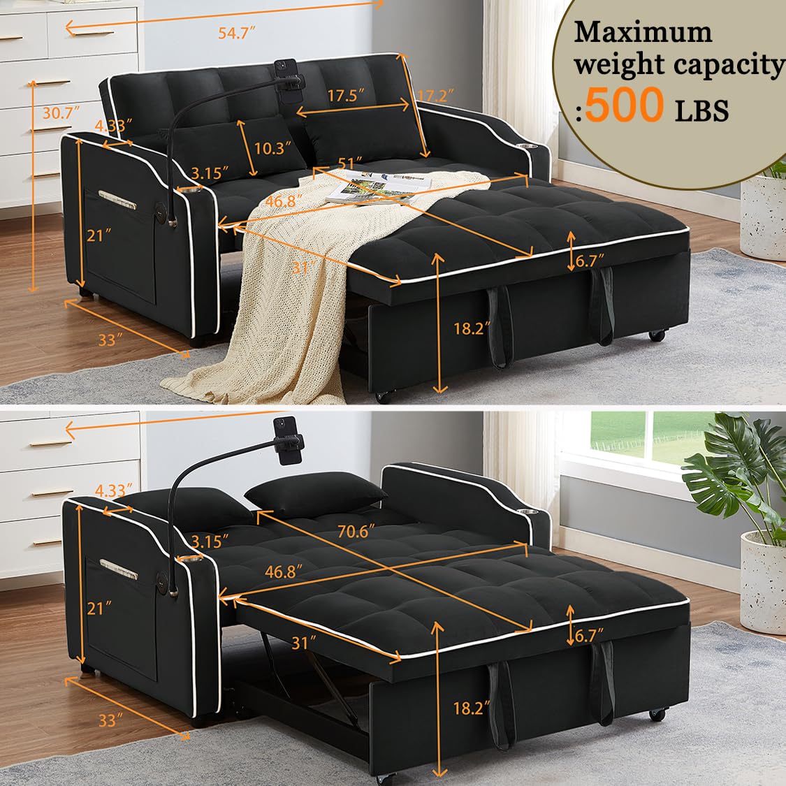 Convertible Sleeper Sofa Bed with USB Ports,Pull Out Sofa Bed with Swivel Phone Holder,Modern Velvet Loveseat Futon Couch with with Cup Holders,Small Love Seat Lounge Sofa Bed for Small Space(Black)