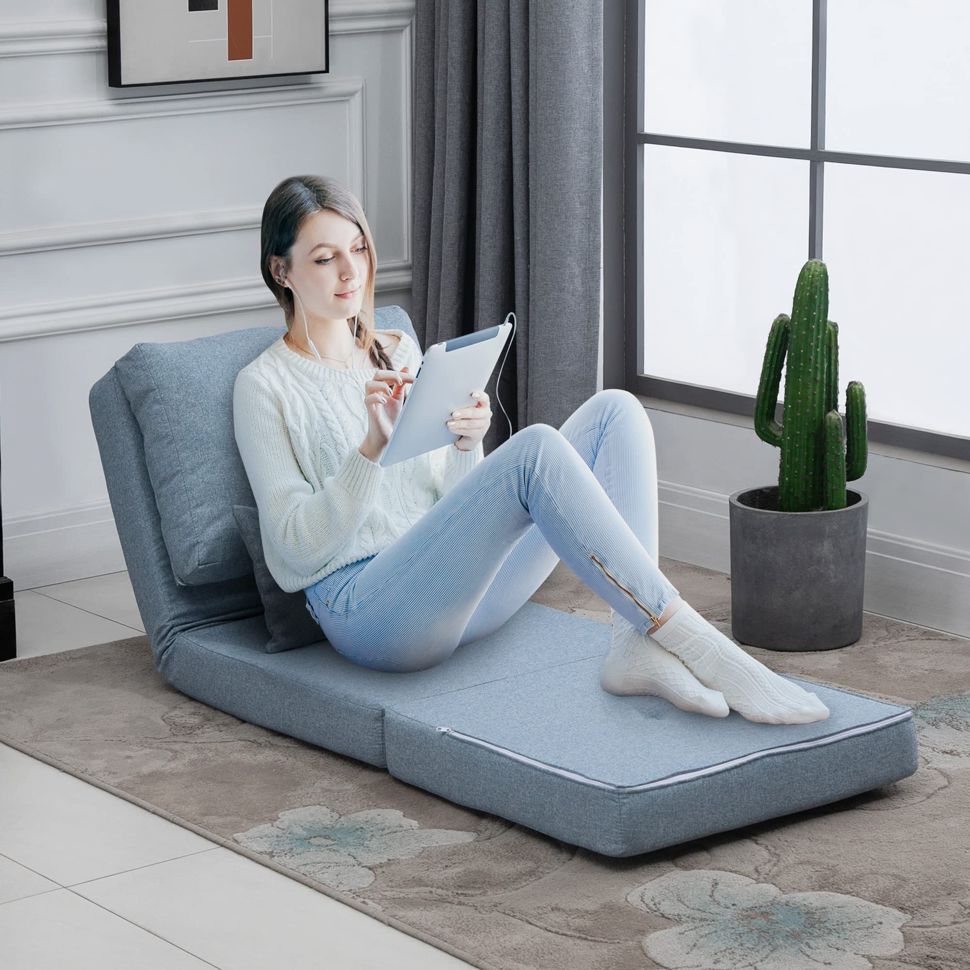 HOMCOM Convertible Flip Chair, Floor Lazy Sofa, Folding Upholstered Couch Bed with Adjustable Backrest, Metal Frame and Pillows for Living Room Bedroom, Blue