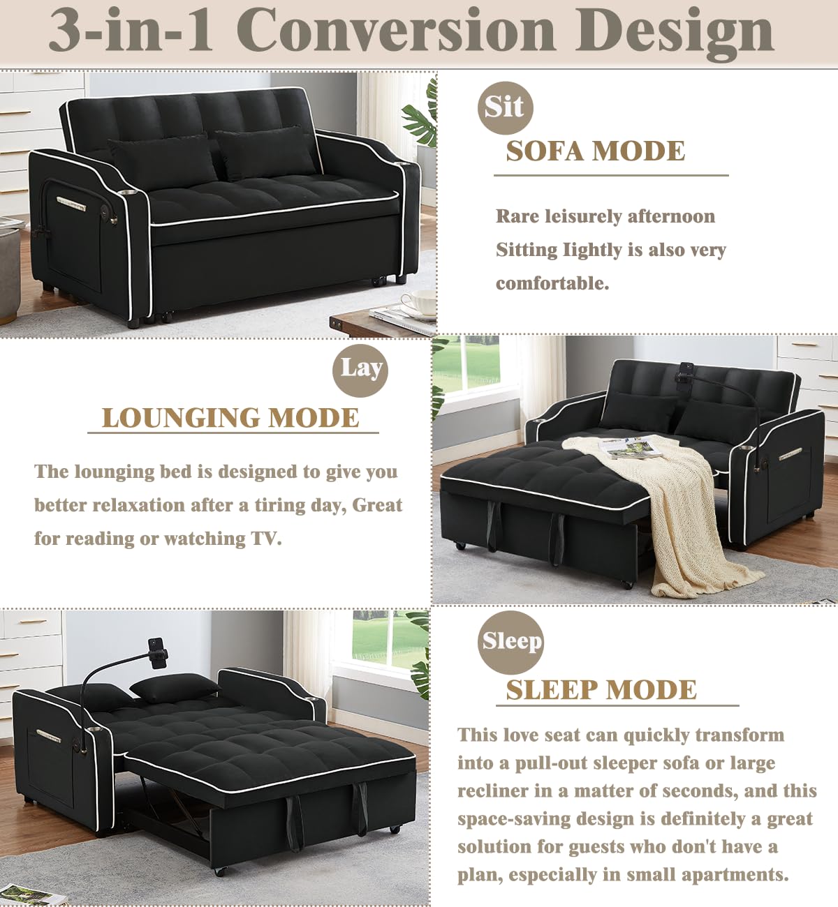 Convertible Sleeper Sofa Bed with USB Ports,Pull Out Sofa Bed with Swivel Phone Holder,Modern Velvet Loveseat Futon Couch with with Cup Holders,Small Love Seat Lounge Sofa Bed for Small Space(Black)