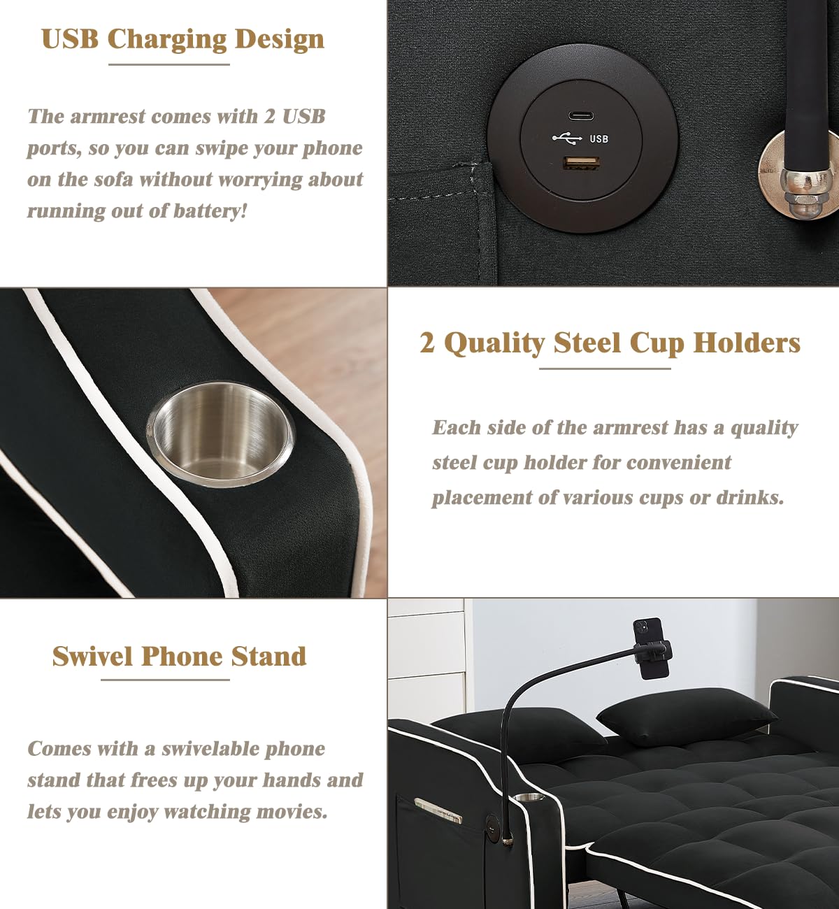 Convertible Sleeper Sofa Bed with USB Ports,Pull Out Sofa Bed with Swivel Phone Holder,Modern Velvet Loveseat Futon Couch with with Cup Holders,Small Love Seat Lounge Sofa Bed for Small Space(Black)
