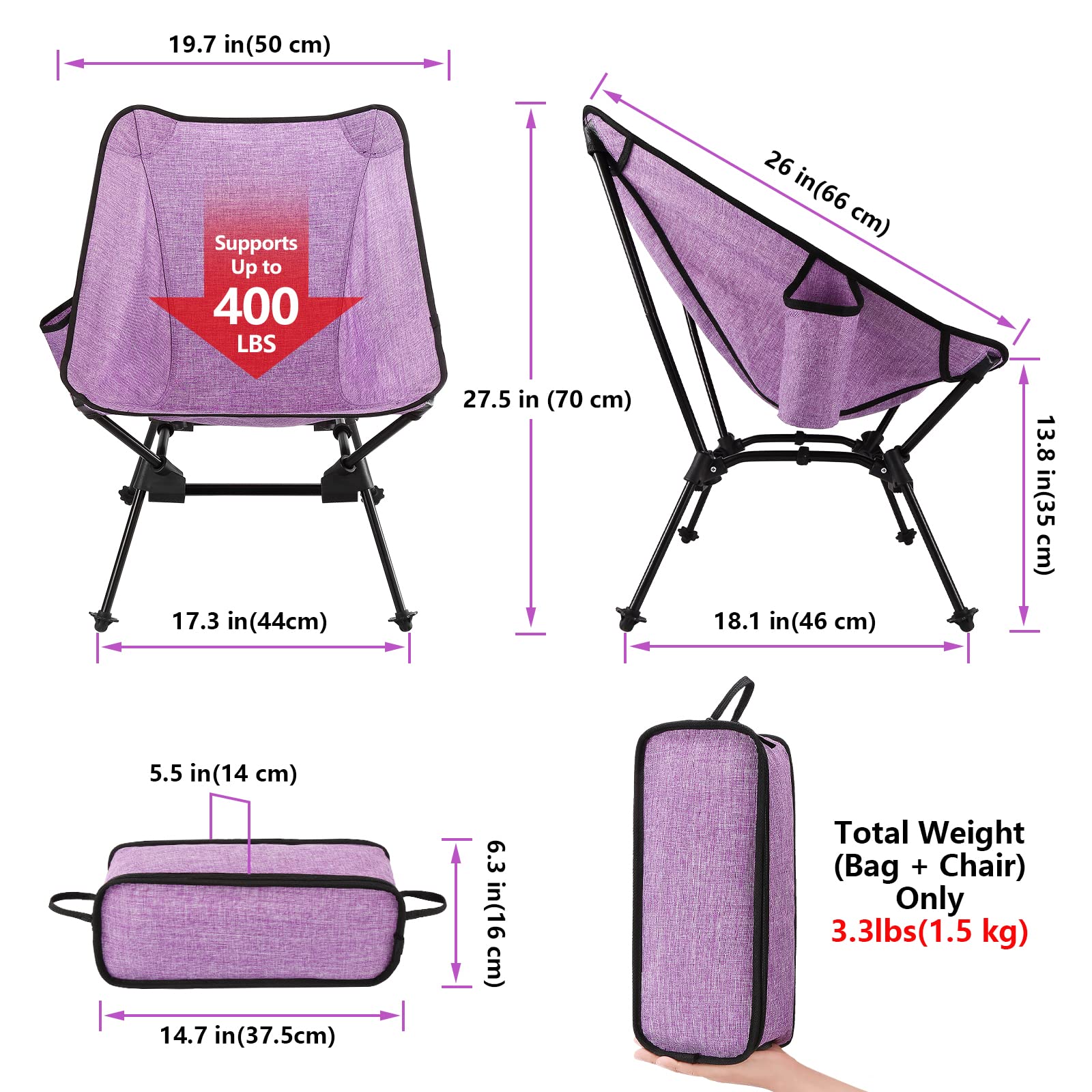 LLCJYYCY Camping Chairs 2023 Upgrade Portable Ultralight Outdoor Folding Chair Compact Backpack Chairs for Outside Beach Lawn Hiking Travel 400 lbs - 1pc Purple