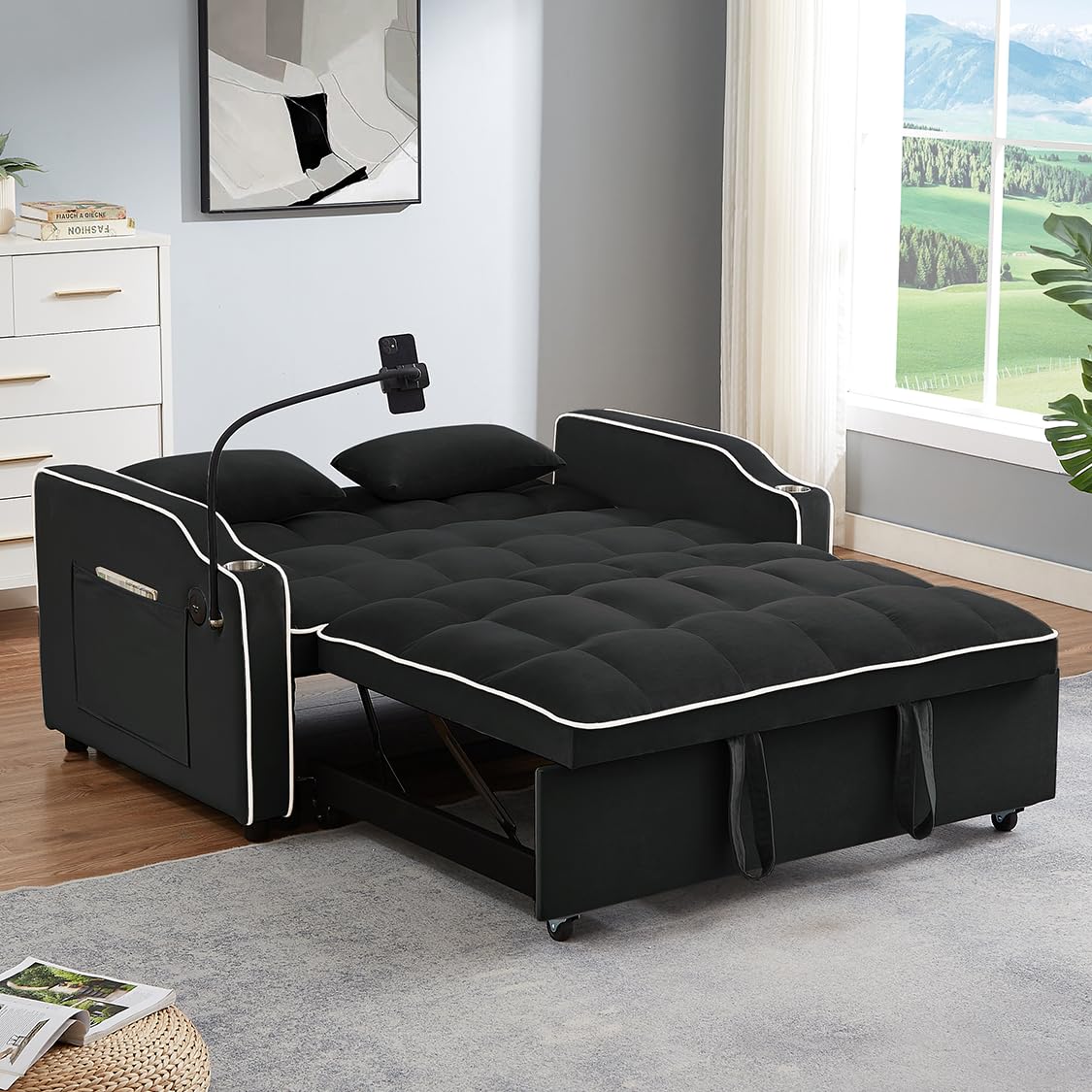 Convertible Sleeper Sofa Bed with USB Ports,Pull Out Sofa Bed with Swivel Phone Holder,Modern Velvet Loveseat Futon Couch with with Cup Holders,Small Love Seat Lounge Sofa Bed for Small Space(Black)