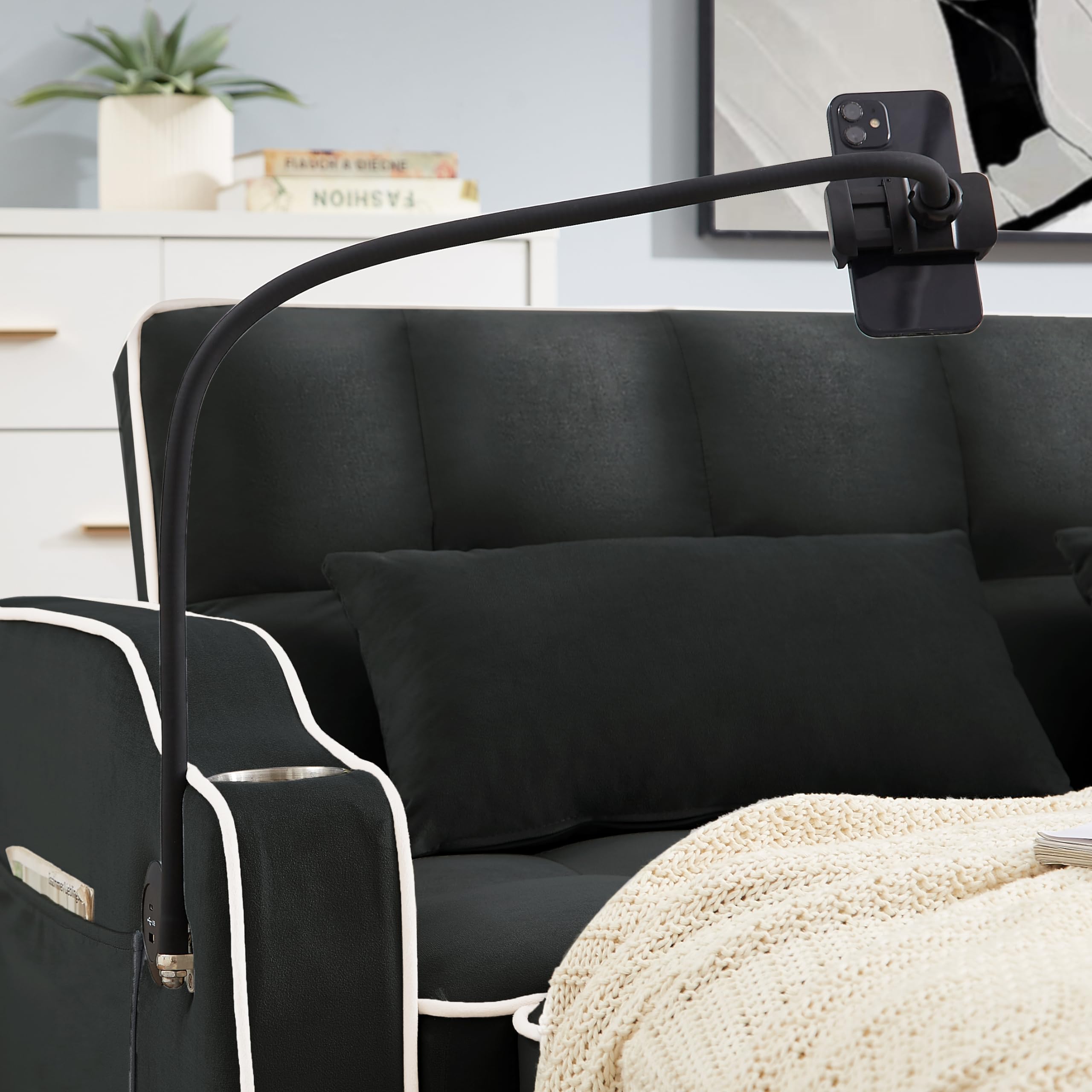 Convertible Sleeper Sofa Bed with USB Ports,Pull Out Sofa Bed with Swivel Phone Holder,Modern Velvet Loveseat Futon Couch with with Cup Holders,Small Love Seat Lounge Sofa Bed for Small Space(Black)