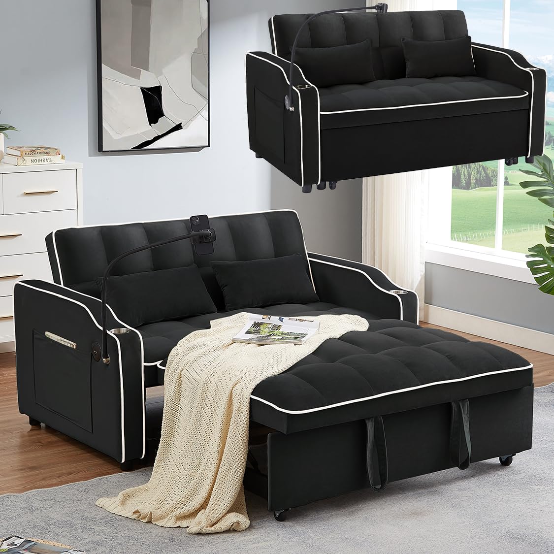 Convertible Sleeper Sofa Bed with USB Ports,Pull Out Sofa Bed with Swivel Phone Holder,Modern Velvet Loveseat Futon Couch with with Cup Holders,Small Love Seat Lounge Sofa Bed for Small Space(Black)