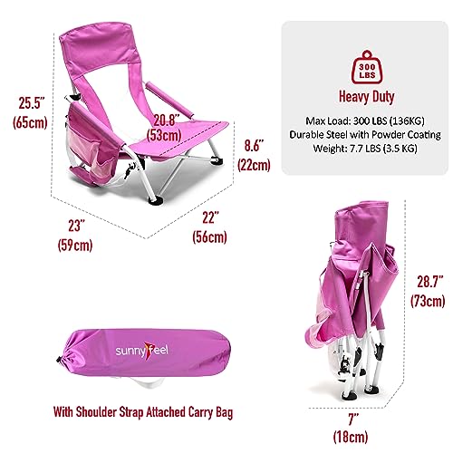 SUNNYFEEL Low Sling Beach Chair, Folding Low Mesh Reclining Back Low Seat Beach Chairs for Adults with Cup Holder,Carry Bag Padded Armrest for Sand Camping Lawn Concert Travel Festival (Pink)