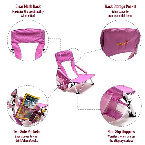 SUNNYFEEL Low Sling Beach Chair, Folding Low Mesh Reclining Back Low Seat Beach Chairs for Adults with Cup Holder,Carry Bag Padded Armrest for Sand Camping Lawn Concert Travel Festival (Pink)